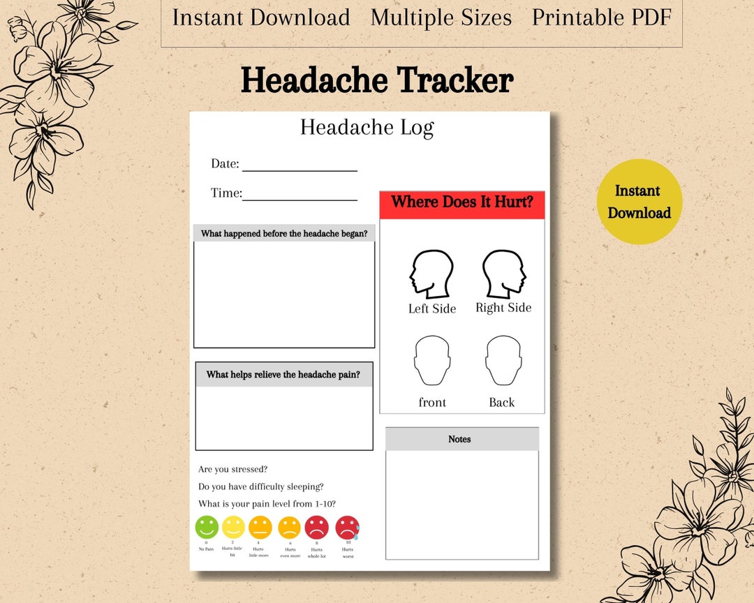 Headache Tracker, Headache Log, Printable Headache Tracker, Migraine ...