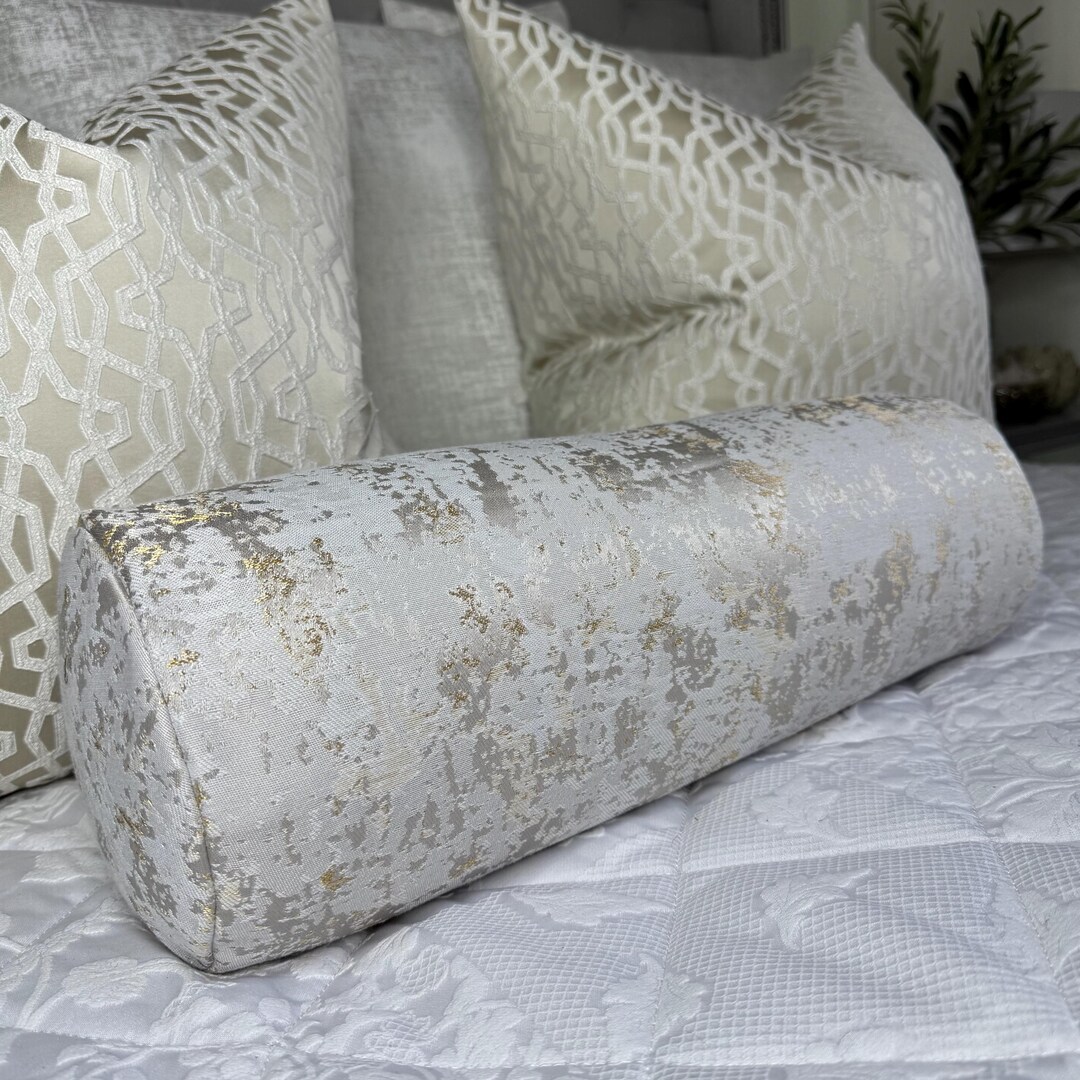 Luxury Ivory Gold Bolster Cushion: Duck Feather, Designer Fabric, 16x6 ...
