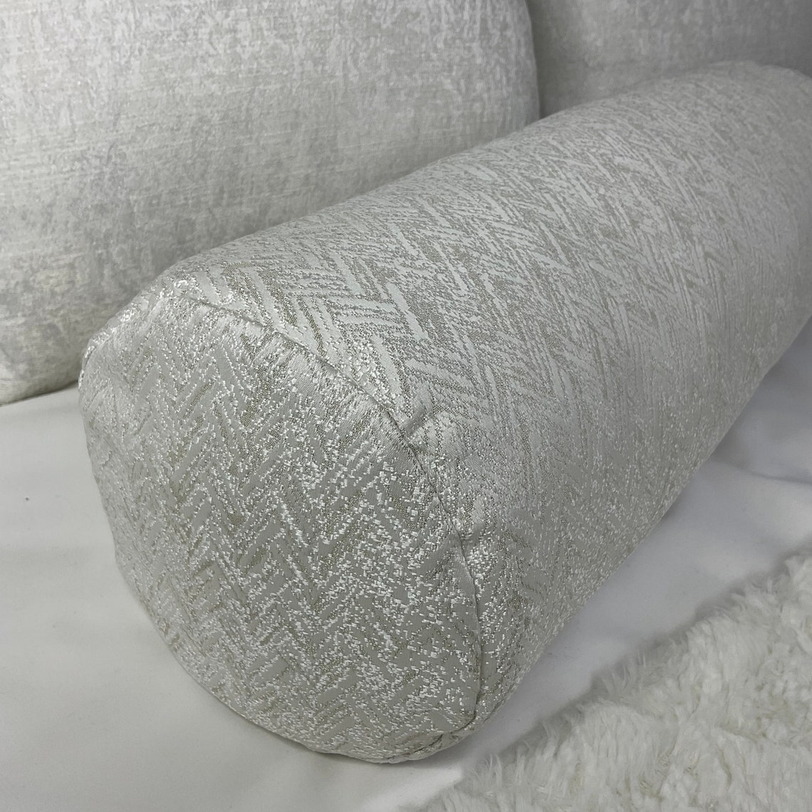 BELLA 100% Duck Feather Cushion Bolster 16” X 6” Designer Fabric Ivory ...