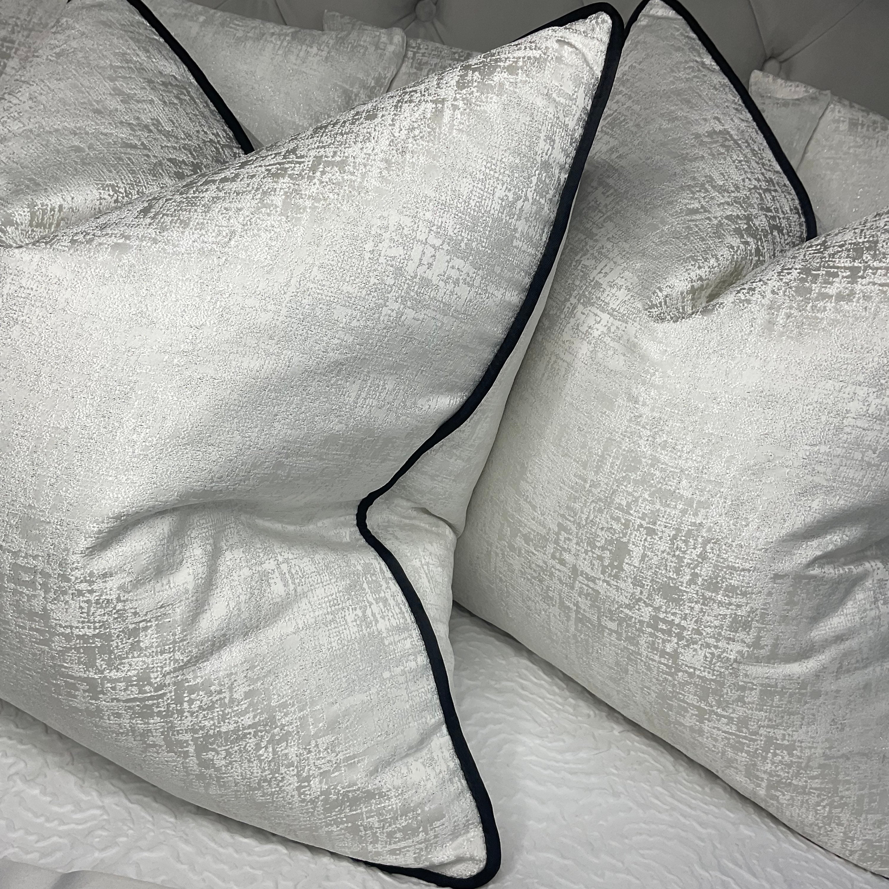 Elegant White & Silver Textured Cushion Cover With Black Piping ...