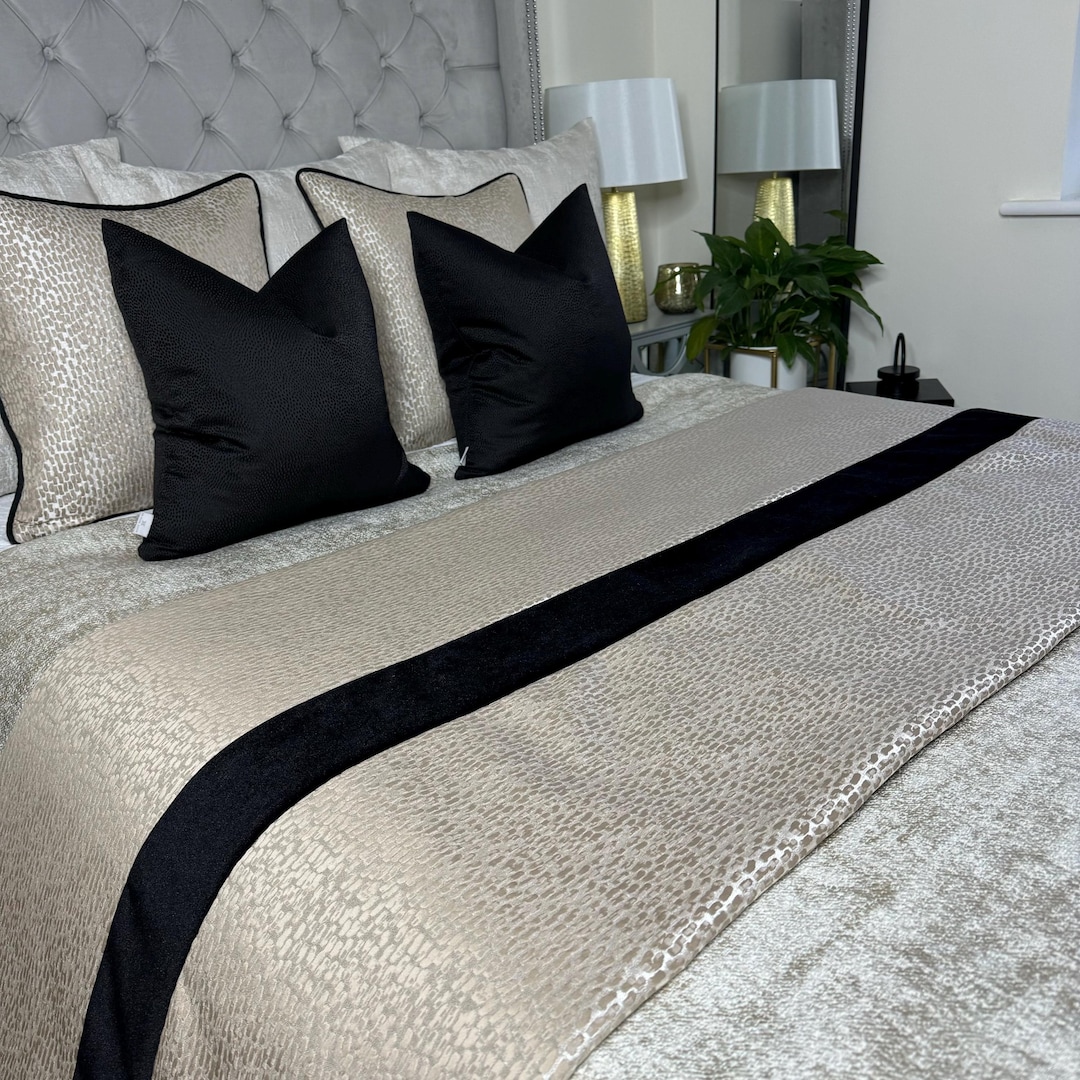Elegant Black Gold Champagne Bed Runner: Luxury Antelope Print Scarf ...