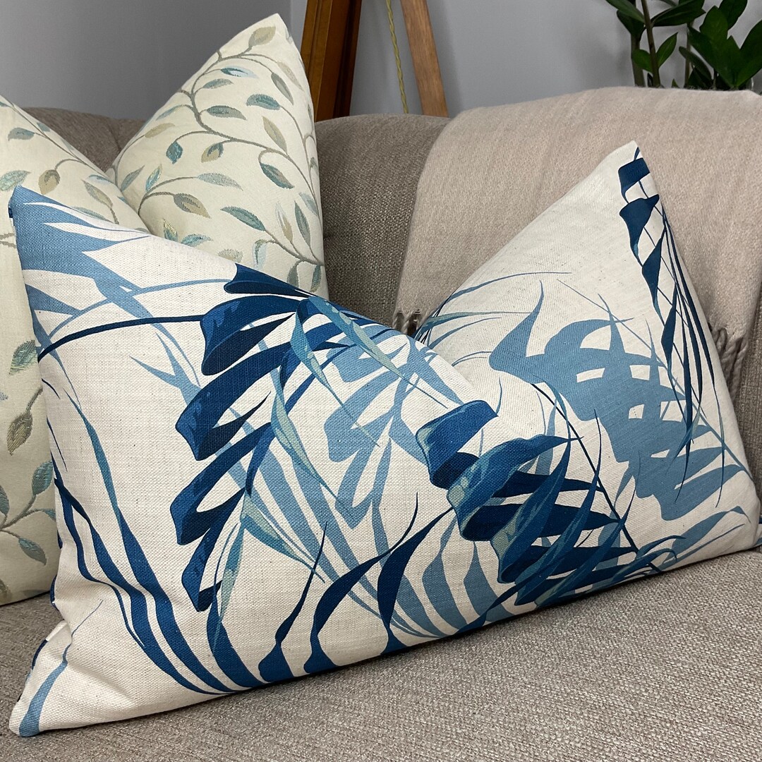 Sanderson Palm House Eucalyptus, Blue and Cream Cotton and Linen Mix ...