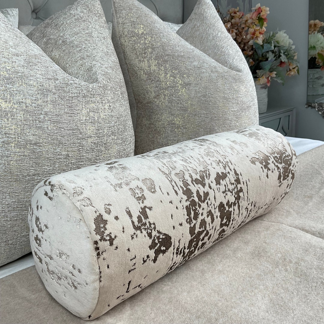Luxury Bolster Cylinder Cushion 16” X 6”, Harlequin Fabric, Rose Gold ...