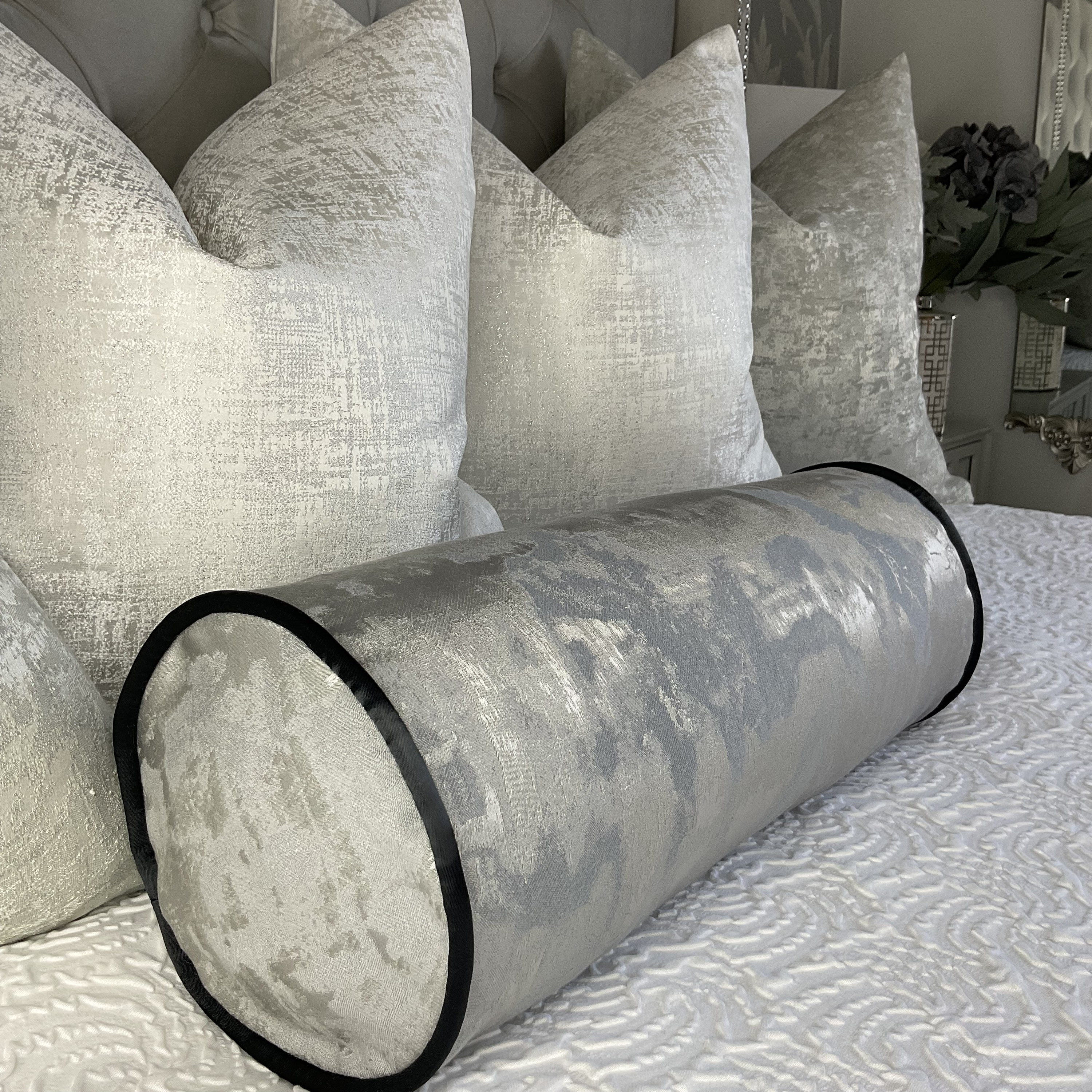 Silver Grey Metallic Bolster 16” X 6" Duck Feather Cushion Contrasting ...