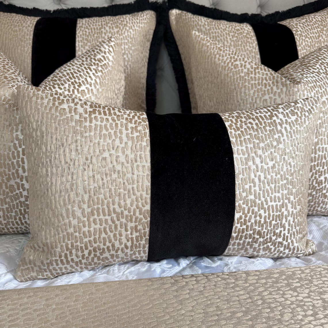 Elegant Champagne - Black Striped Antelope Fabric Cushion Cover ...