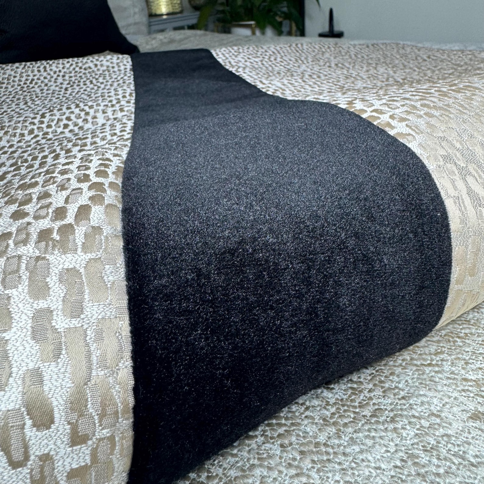 Elegant Black Gold Champagne Bed Runner: Luxury Antelope Print Scarf ...