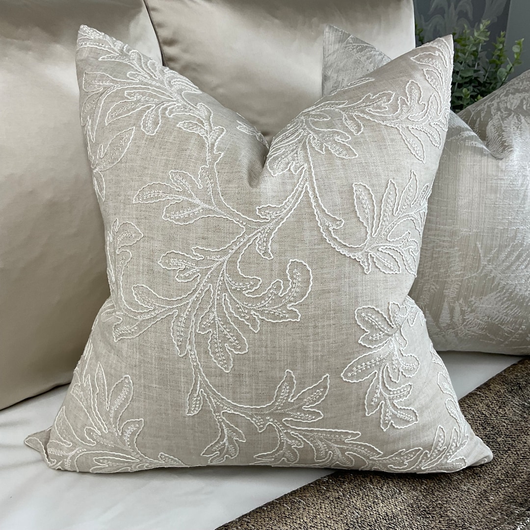NATURAL Greige Embroidered Cushion Cover, Embroidered Pillow , Throw ...
