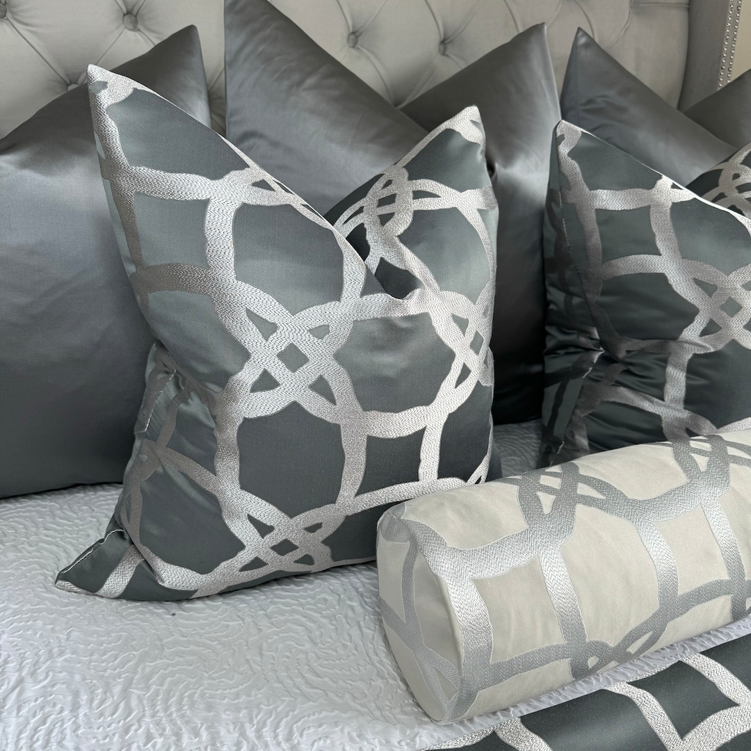 Fascino Pewter Luxury Cushion Cover, Grey Silver Pillow Cover, Throw ...