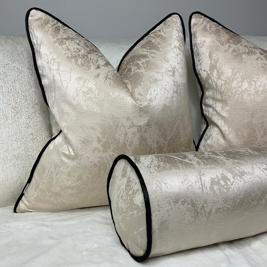 Luxury Pillow, Megan Marble Cushion Pillow Cover, Black Piped Oyster ...