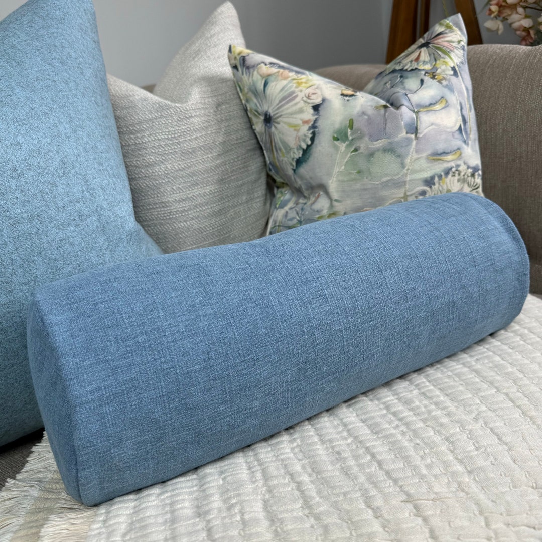 Cylinder Yoga Bolster Cushion, Blue Cotton Blend Pillow, Cylinder ...