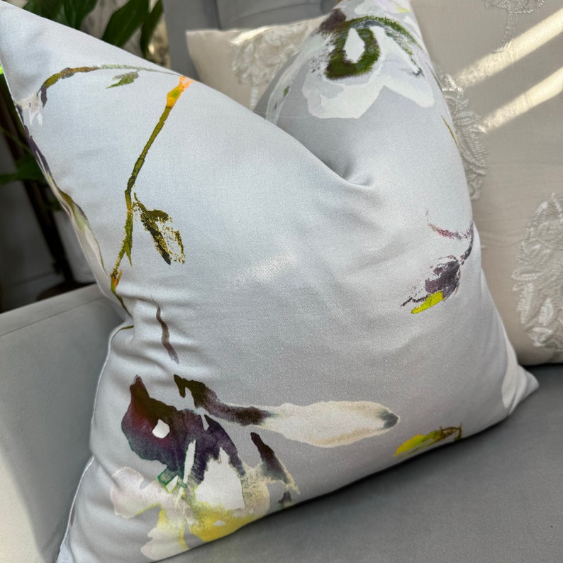 Magnolia Floral Design Cushion Cover, Grey Green Magnolia Pillow Cover ...