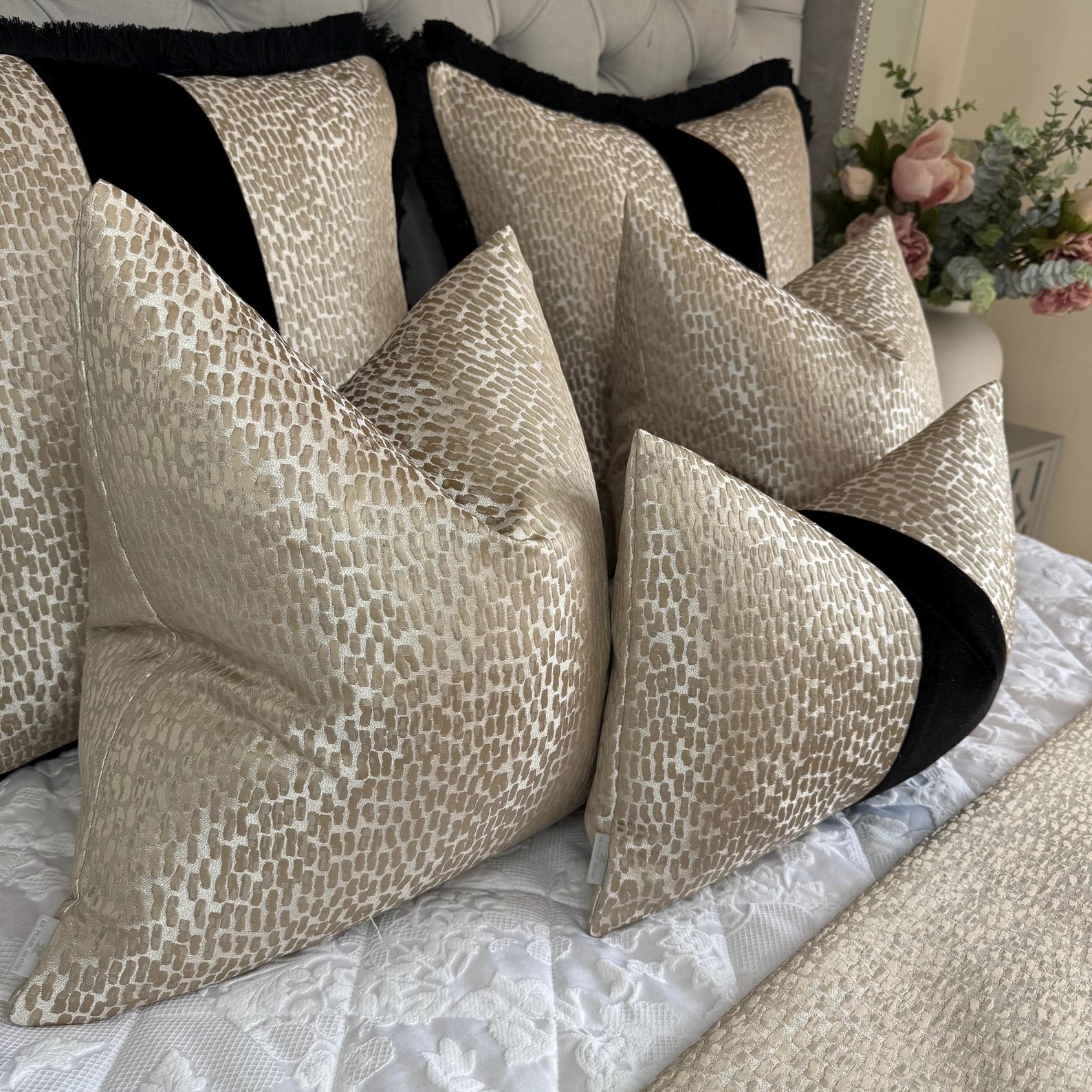 Elegant Champagne - Black Striped Antelope Fabric Cushion Cover ...