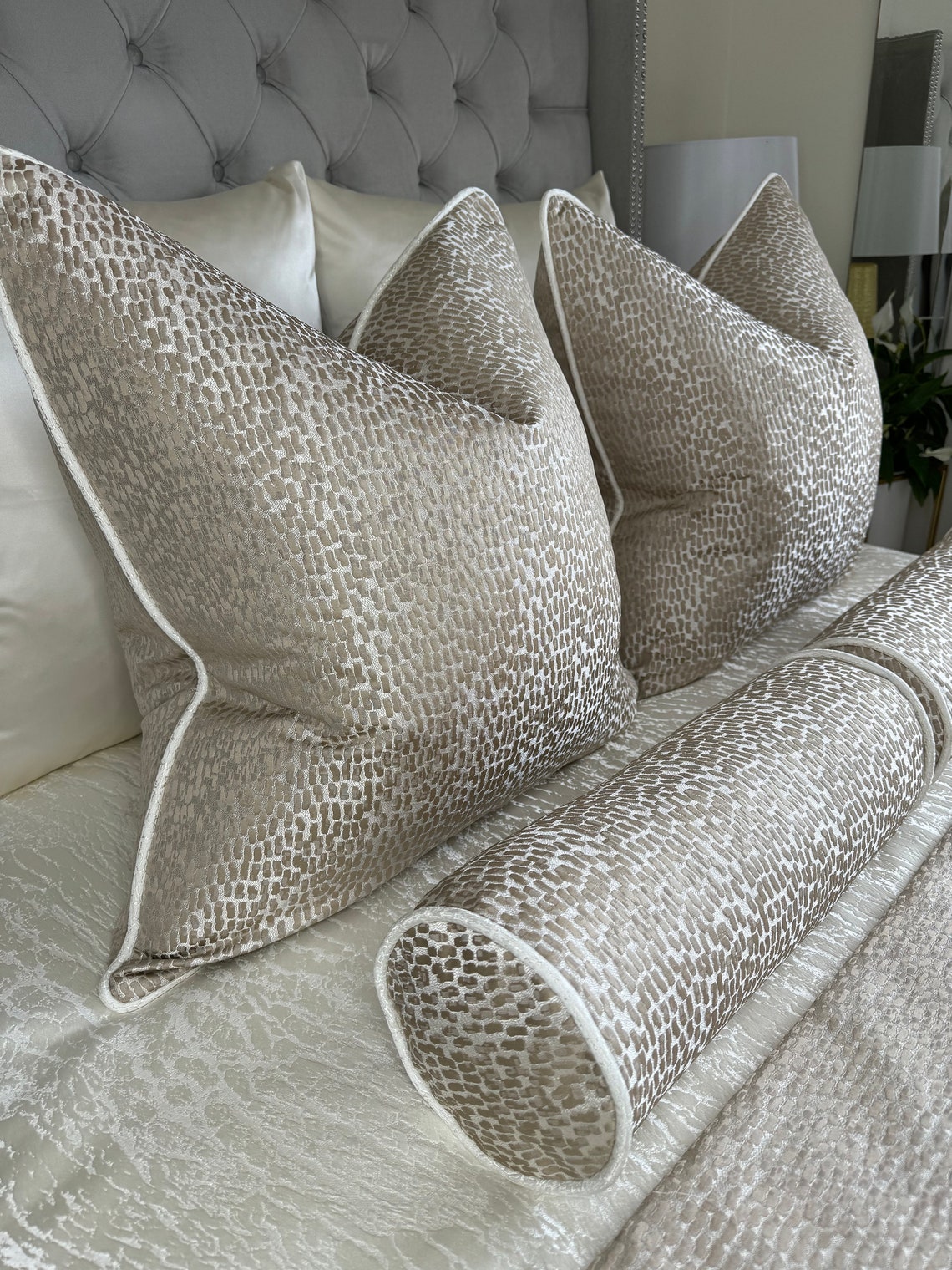 Elegant Gold - Champagne Antelope Print Cushion Cover With Ivory Piping ...