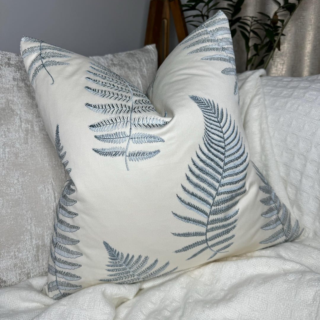 White - Blue FERN Cushion Cover, Sofa Chair Pillow Cover, Handmade ...