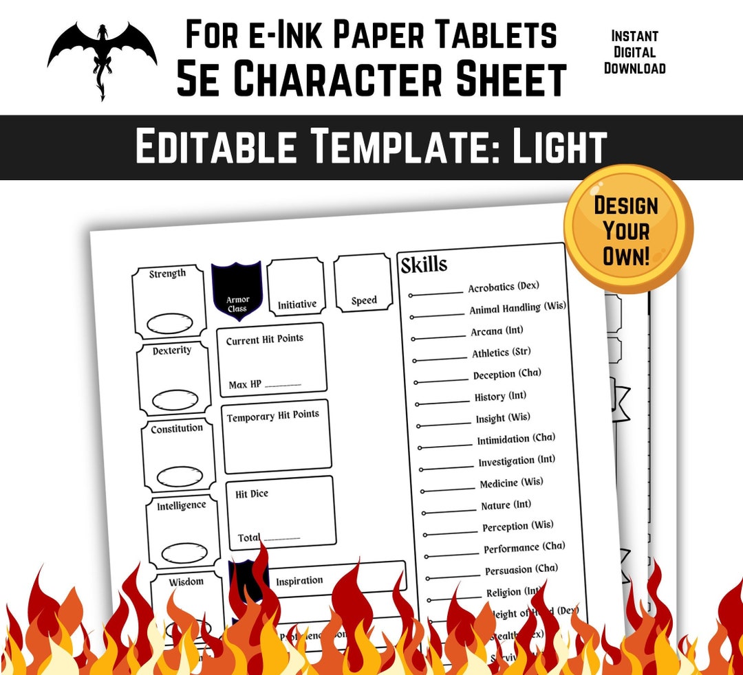 5e Character Sheet Editable Template, RPG Adventure Printable, Design ...
