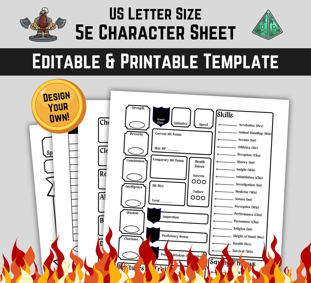 5e Character Sheet Editable & Printable Template, US Letter Size, Fifth ...