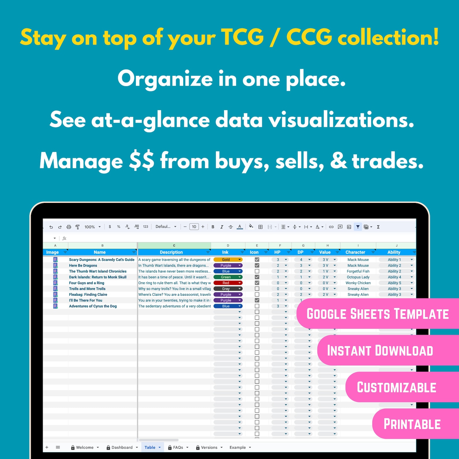 Trading Card Game Tracker, Custom Spreadsheet for Collectible Card ...