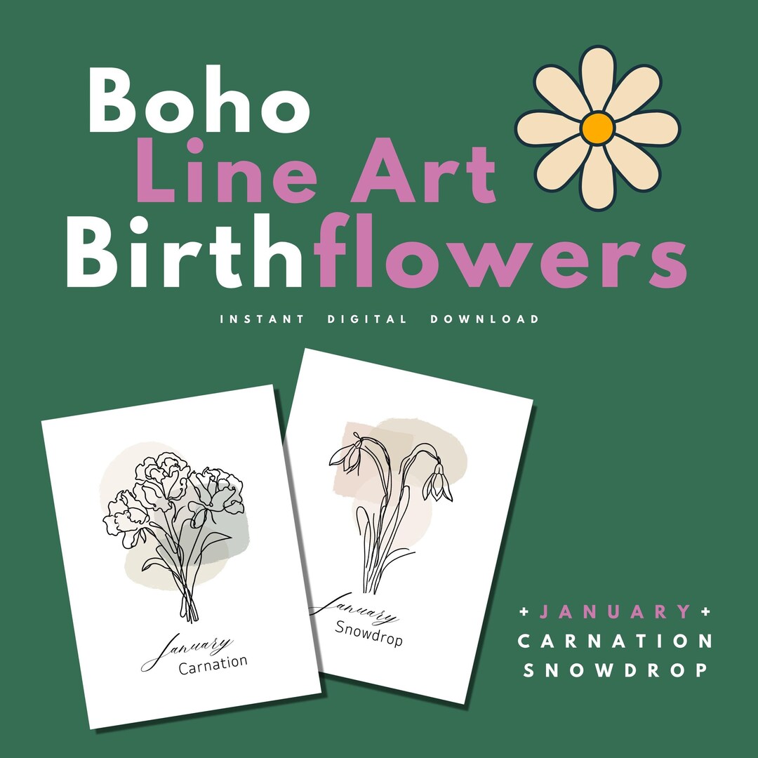 January Birthflower Printable, Carnation and Snowdrop, Line Art Style ...
