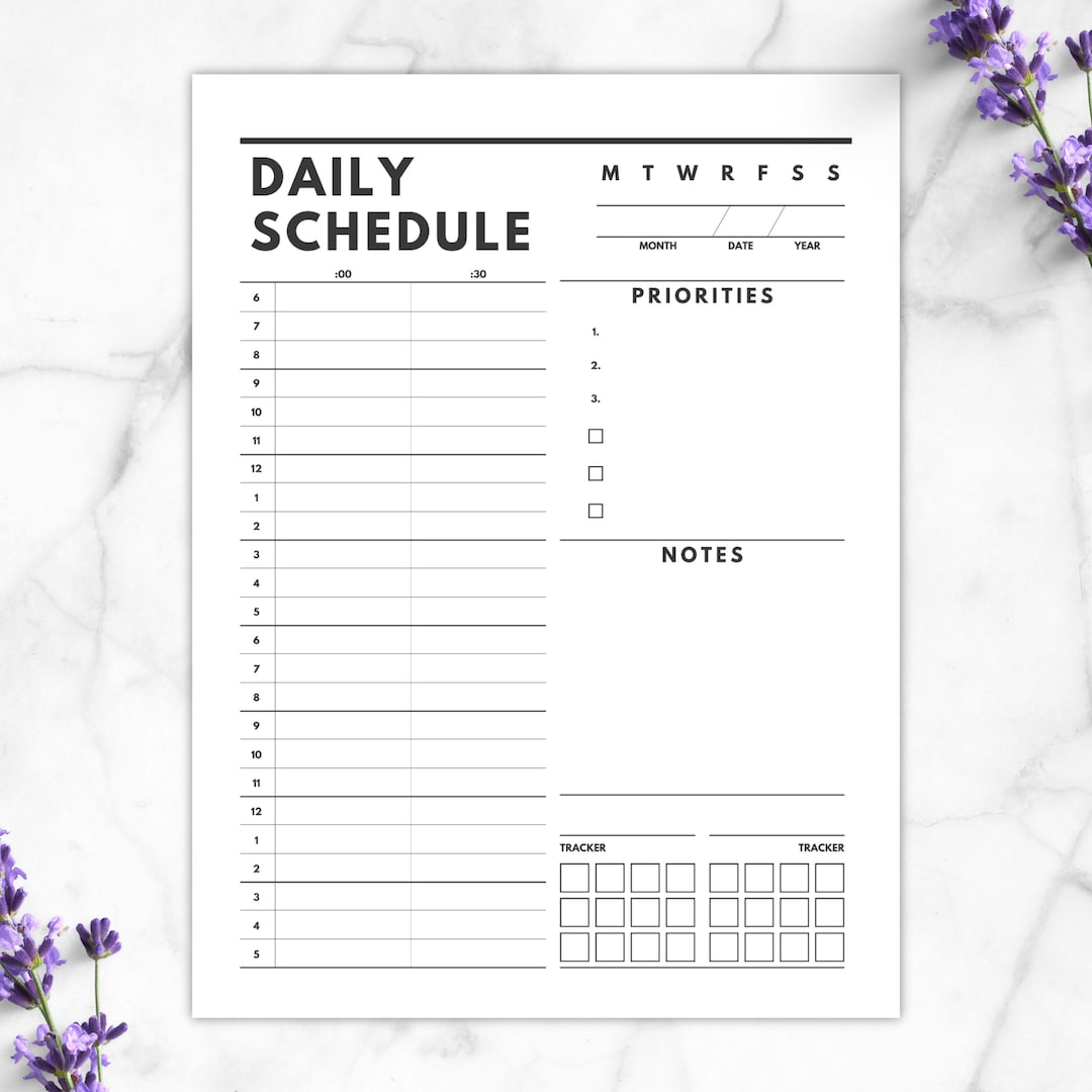 Day on a Page Planner Template, Blank Daily Agenda Printable, Hourly ...