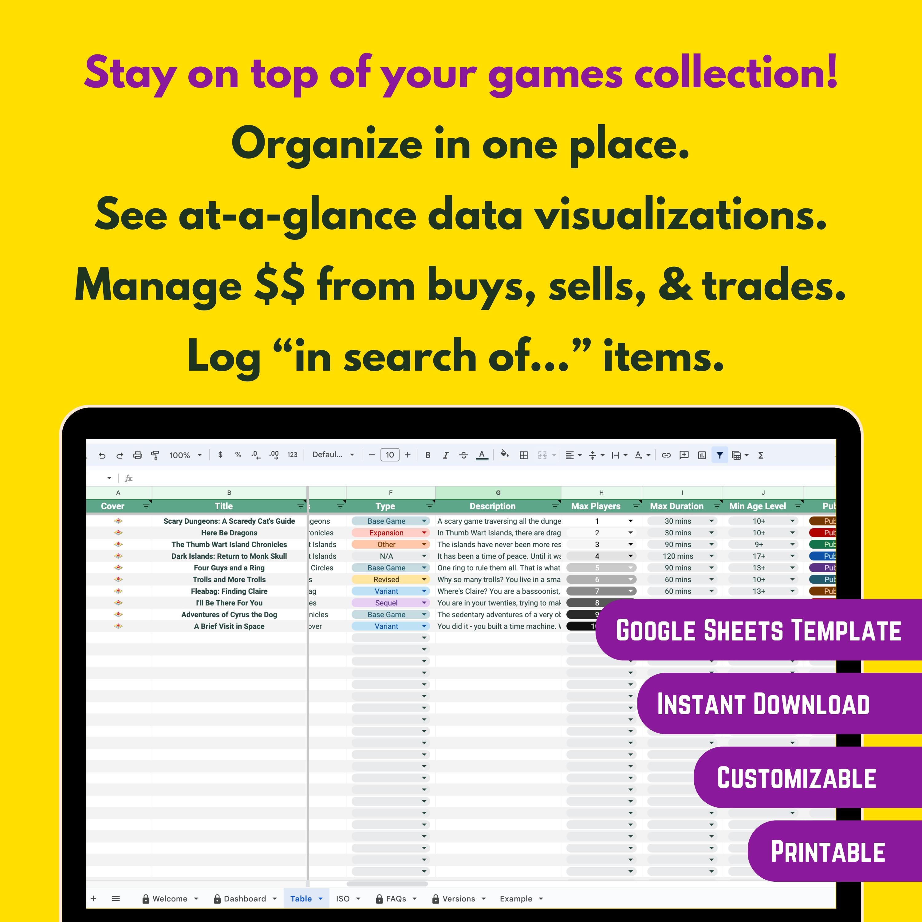 Board Games Spreadsheet, Gaming Tracker Template, Geek Inventory ...