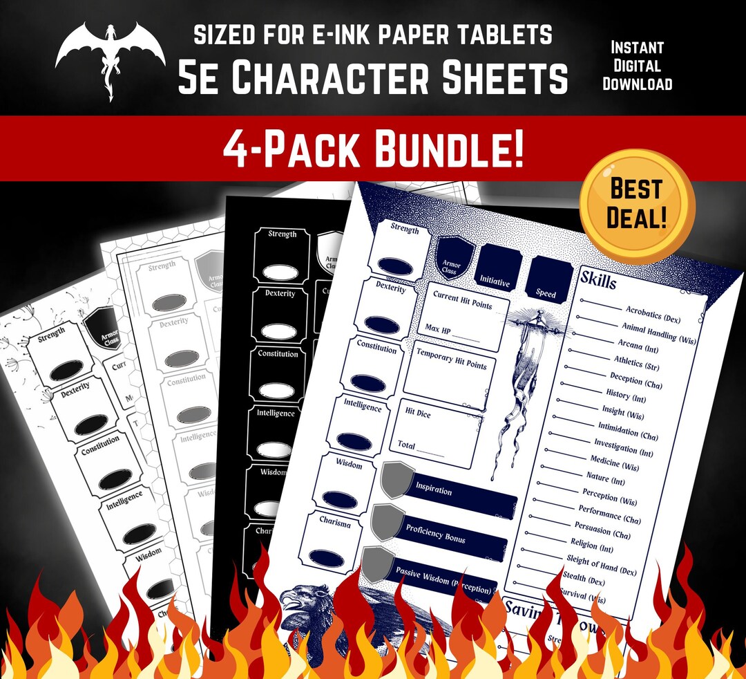 Character Sheet Bundle! Four Designs Sized for E-ink Paper Tablets ...