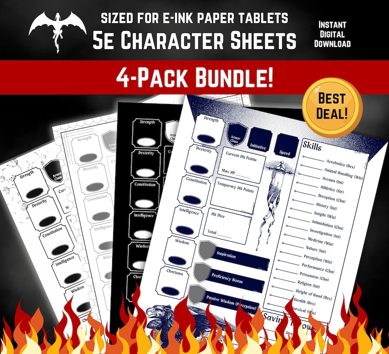 Character Sheet Bundle! Four Designs Sized for E-ink Paper Tablets ...