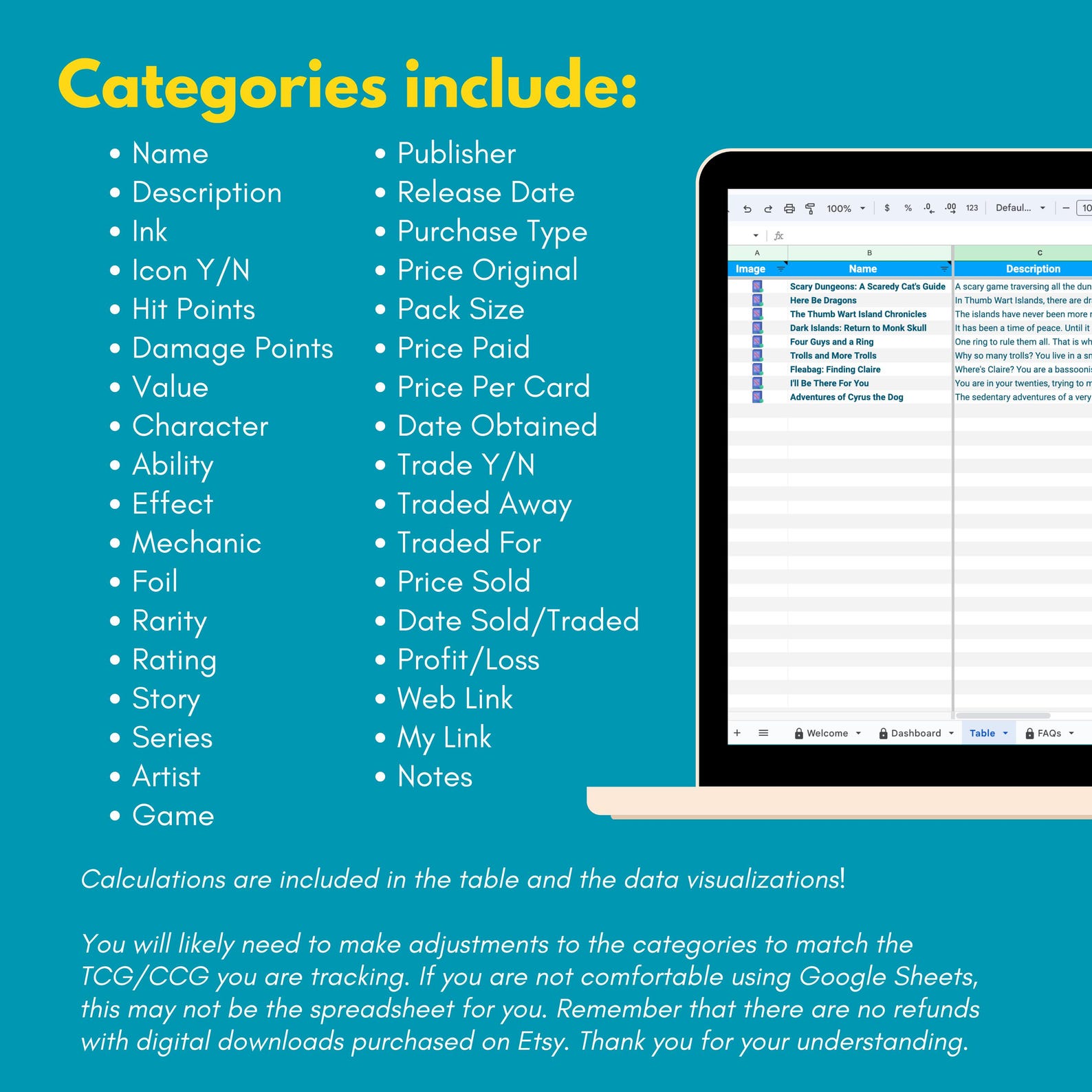 Trading Card Game Tracker, Custom Spreadsheet for Collectible Card ...