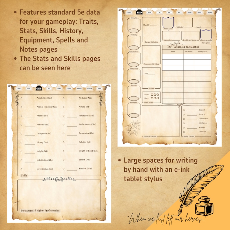 Vintage-style 5e Character Sheet for E-ink Tablets | Hyperlinked ...