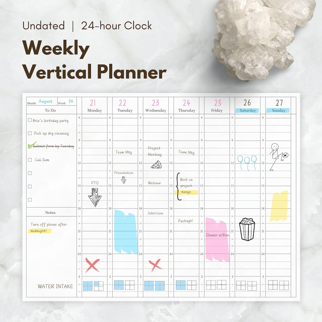 Undated Vertical Planner With a 24-hour Clock Layout for E-ink Devices ...
