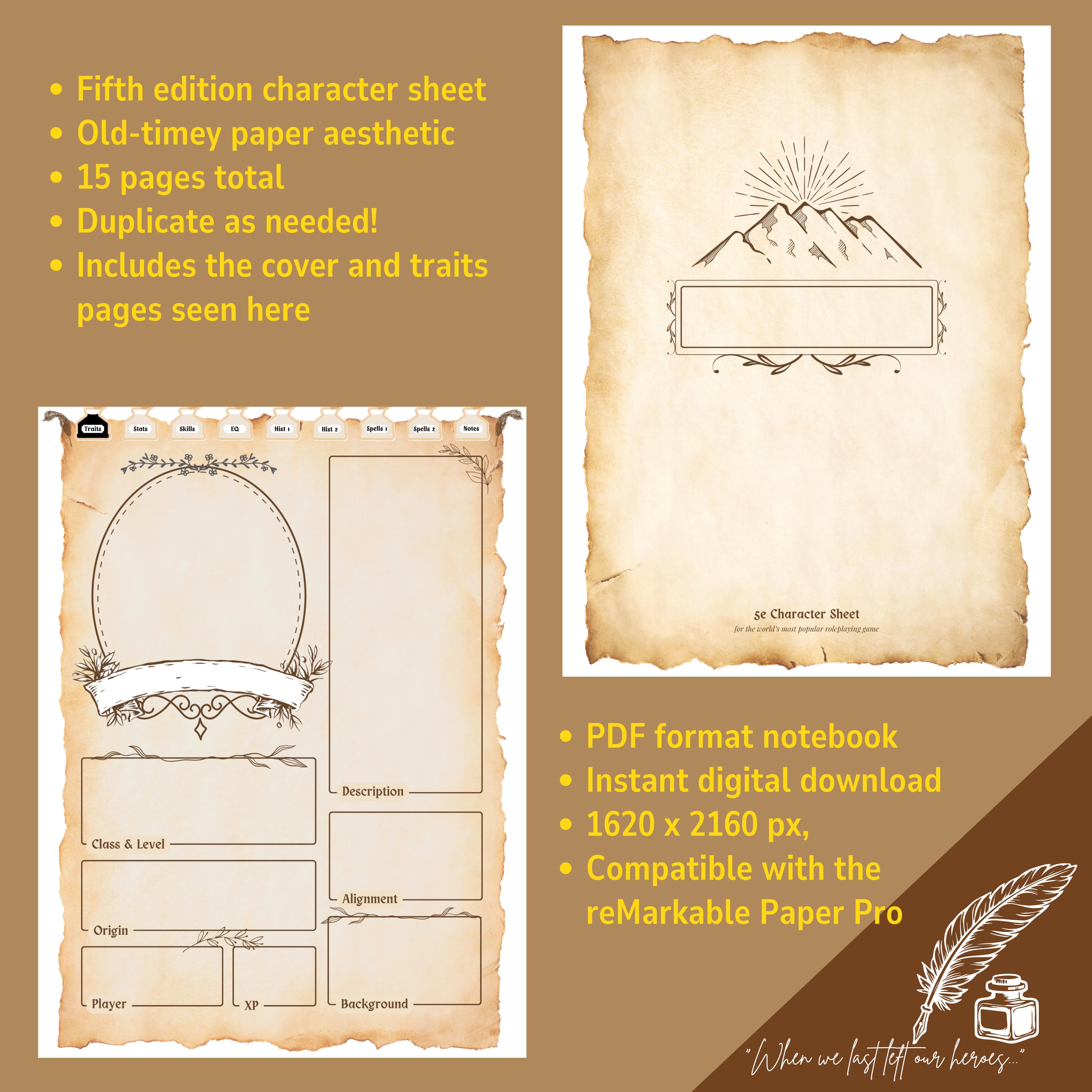 5e Character Sheet for Remarkable Paper Pro | Hyperlinked Notebook With ...