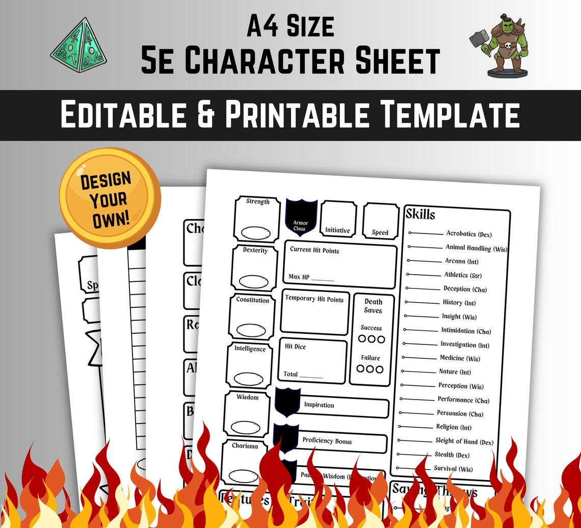 5e Character Sheet Editable & Printable Template, A4 Size, Fifth ...