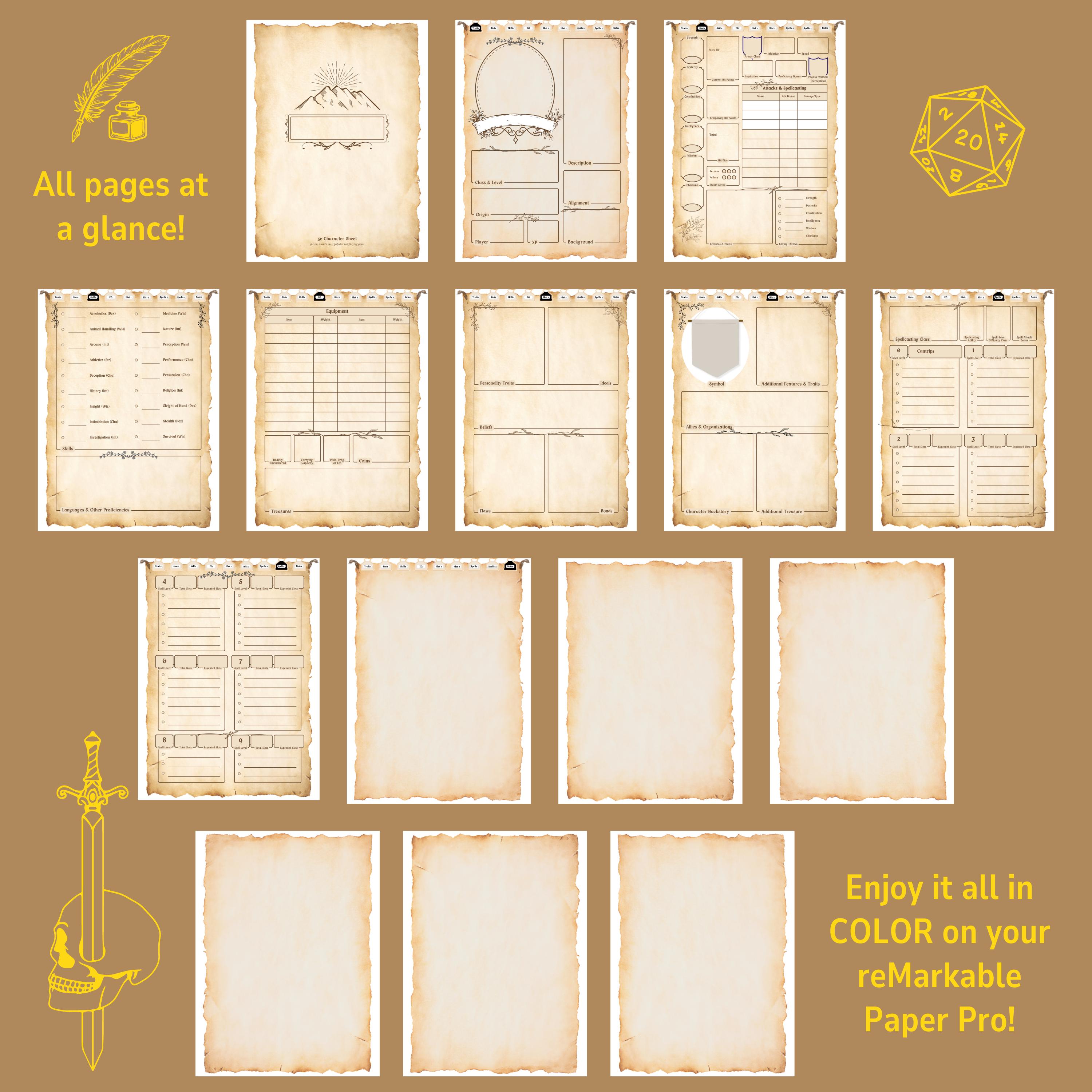 5e Character Sheet for Remarkable Paper Pro, Hyperlinked Notebook ...
