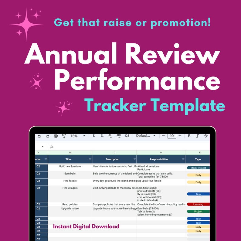 Employee Performance Review Spreadsheet (online Template) - Etsy