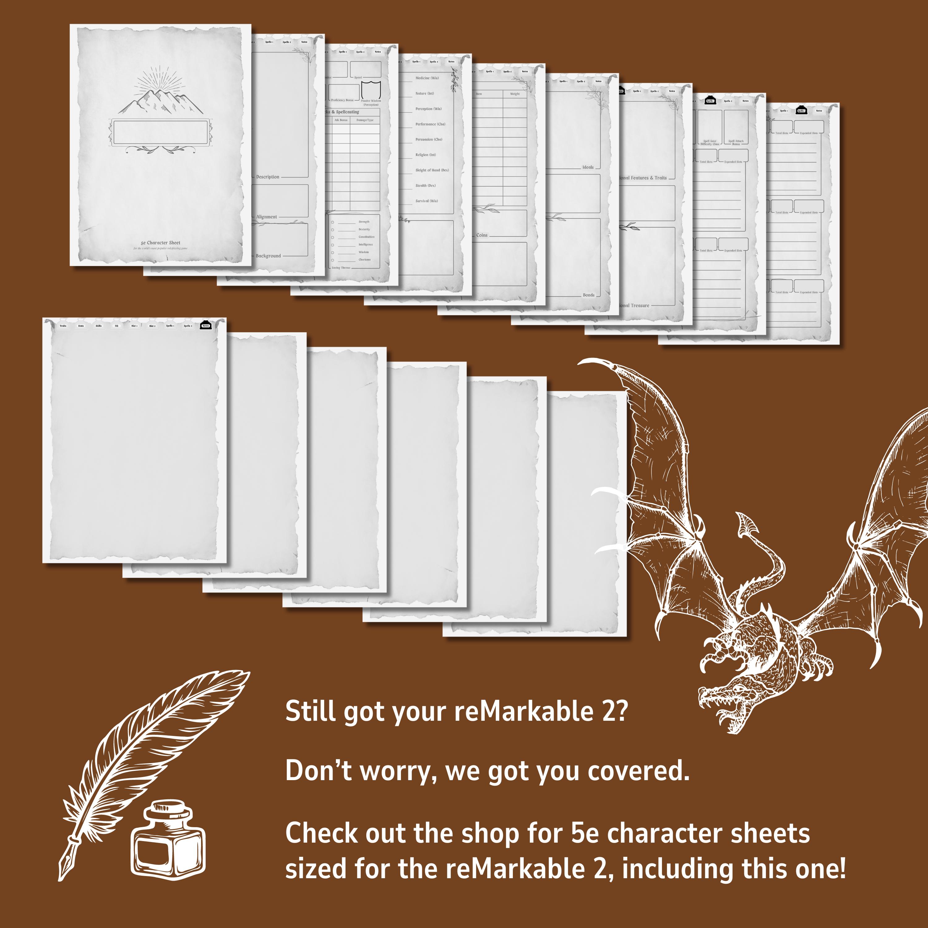 5e Character Sheet for Remarkable Paper Pro, Hyperlinked Notebook ...