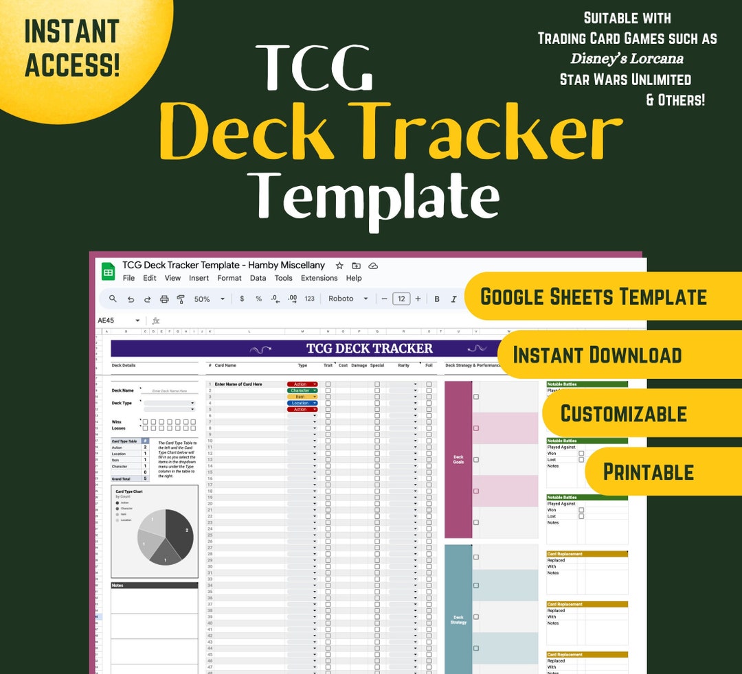TCG Deck Tracker Template, Trading Card Game Spreadsheet, Strategy and ...
