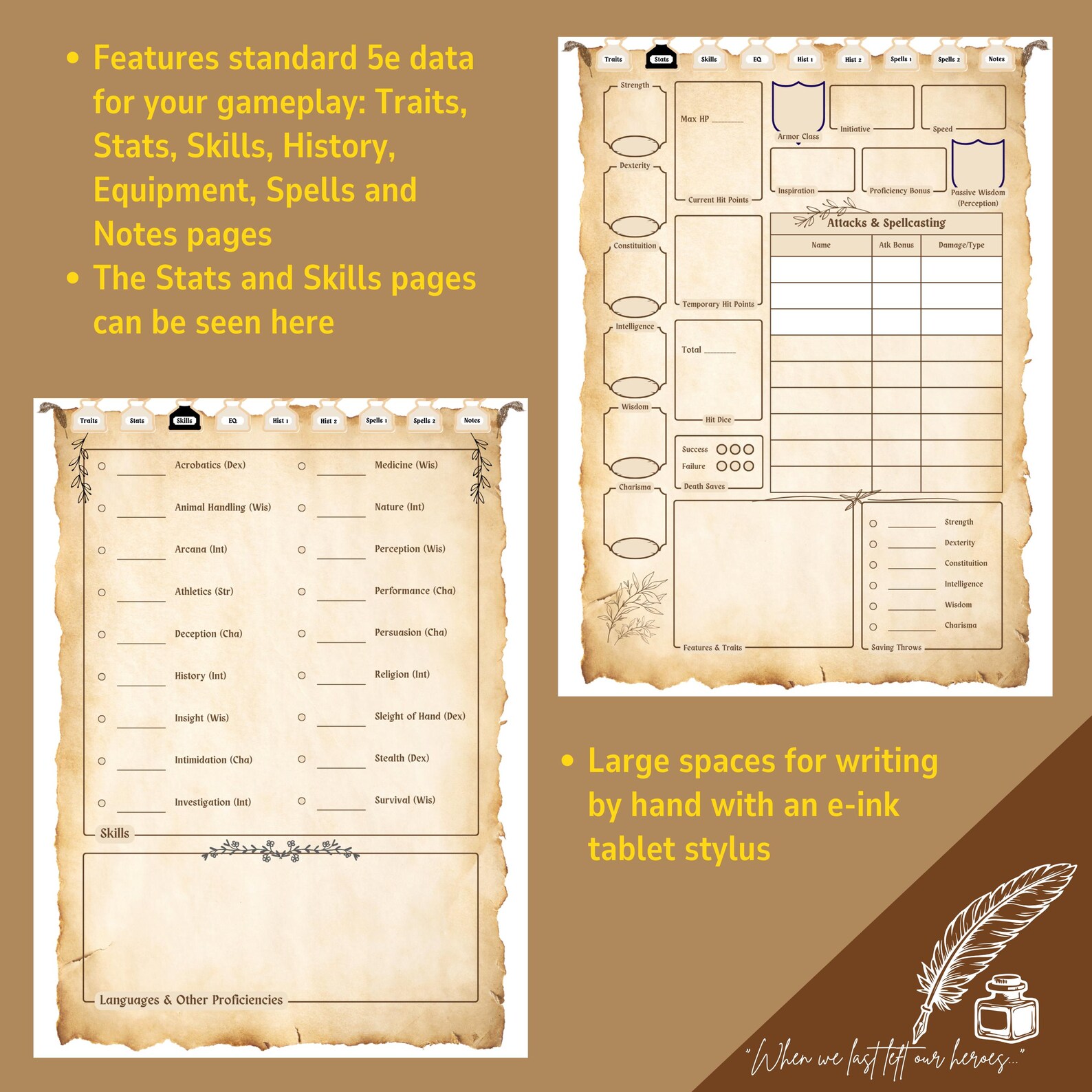 5e Character Sheet for Remarkable Paper Pro, Hyperlinked Notebook ...