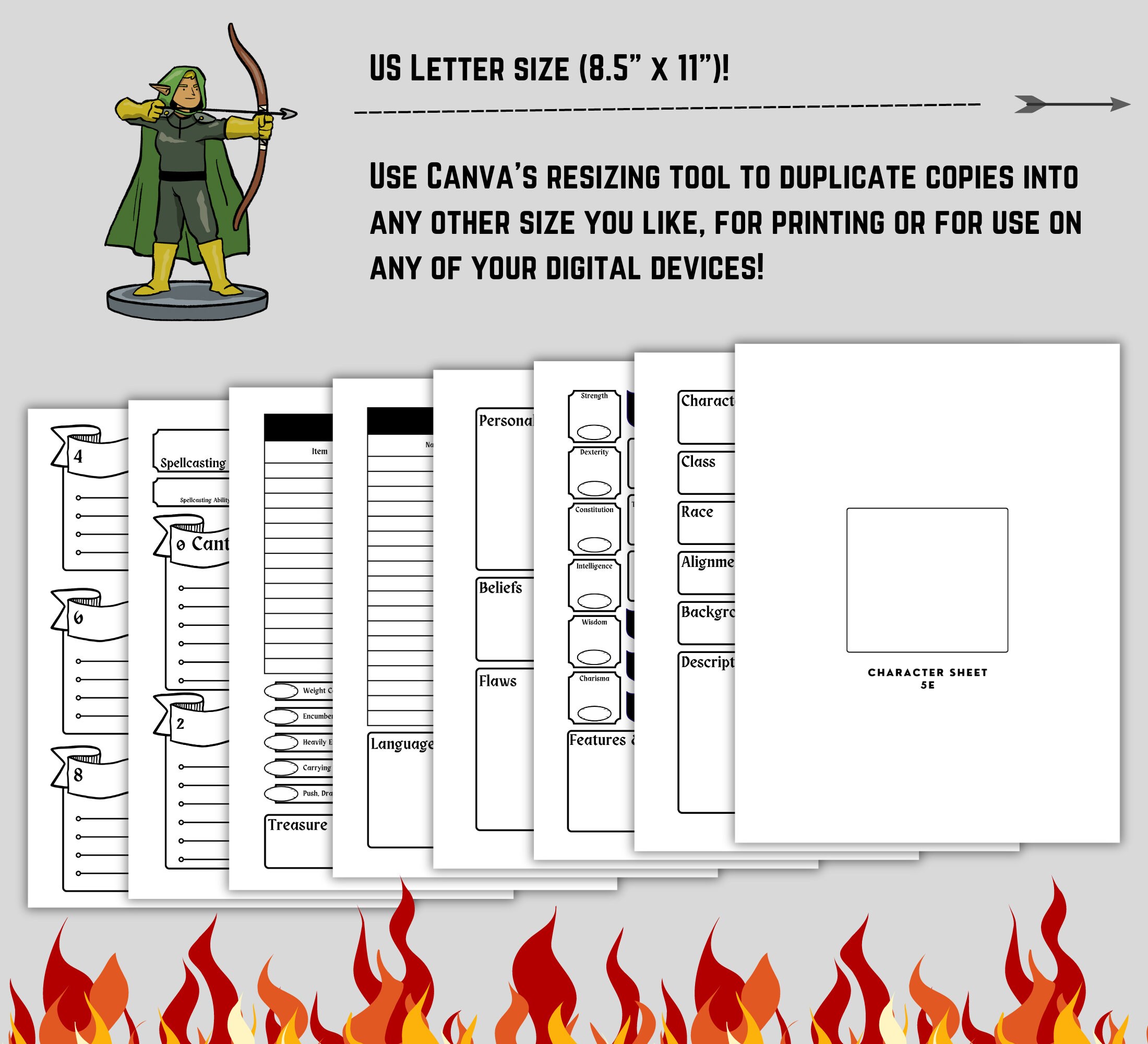 5e Character Sheet Editable & Printable Template, US Letter Size, Fifth ...