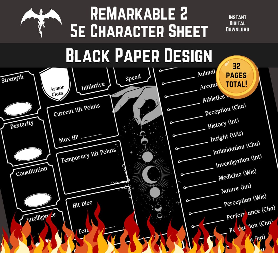 Remarkable 2 5e Character Sheet Black Paper Design Roleplaying Games ...