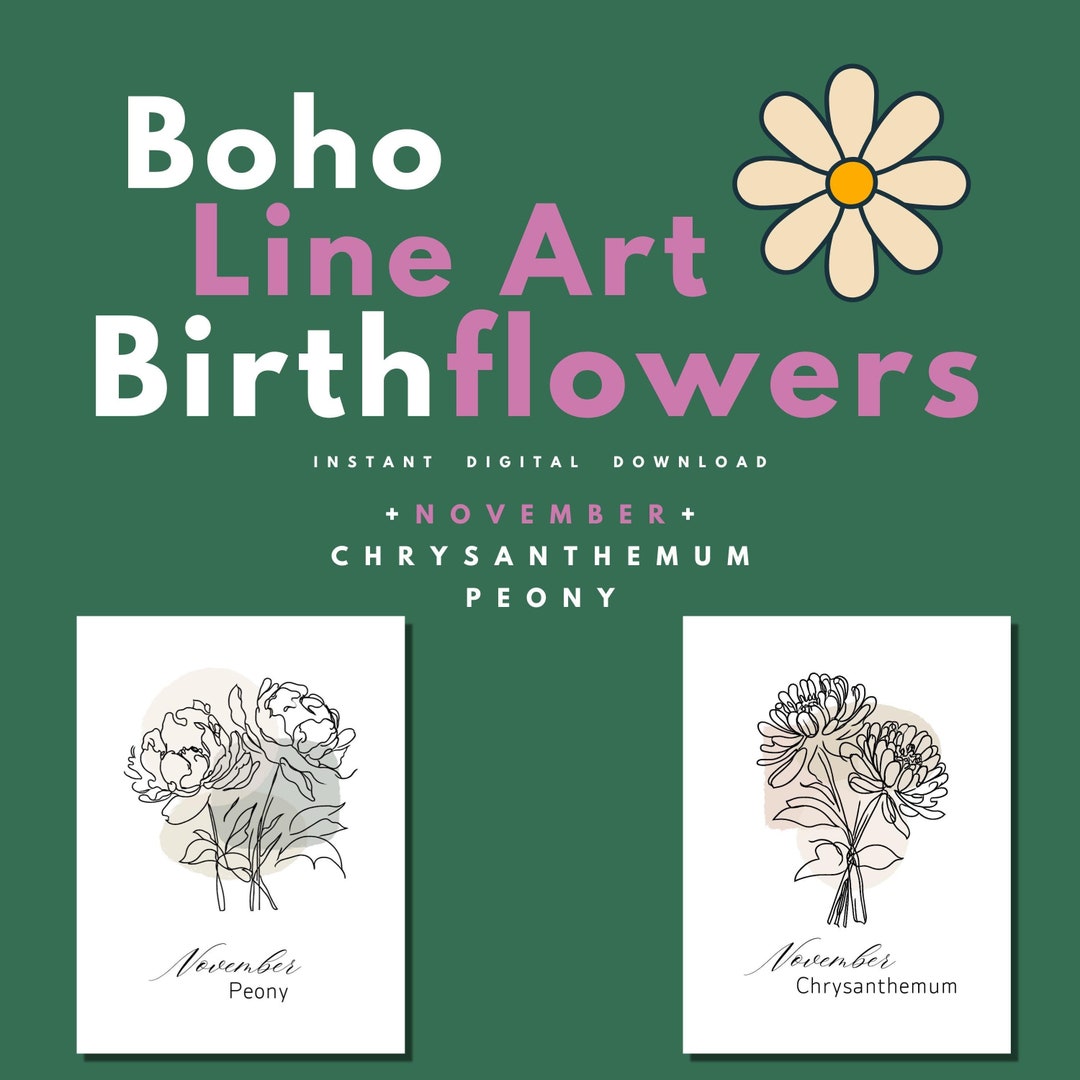 November Birthflower Printable, Chrysanthemum and Peony Bouquet, Boho ...