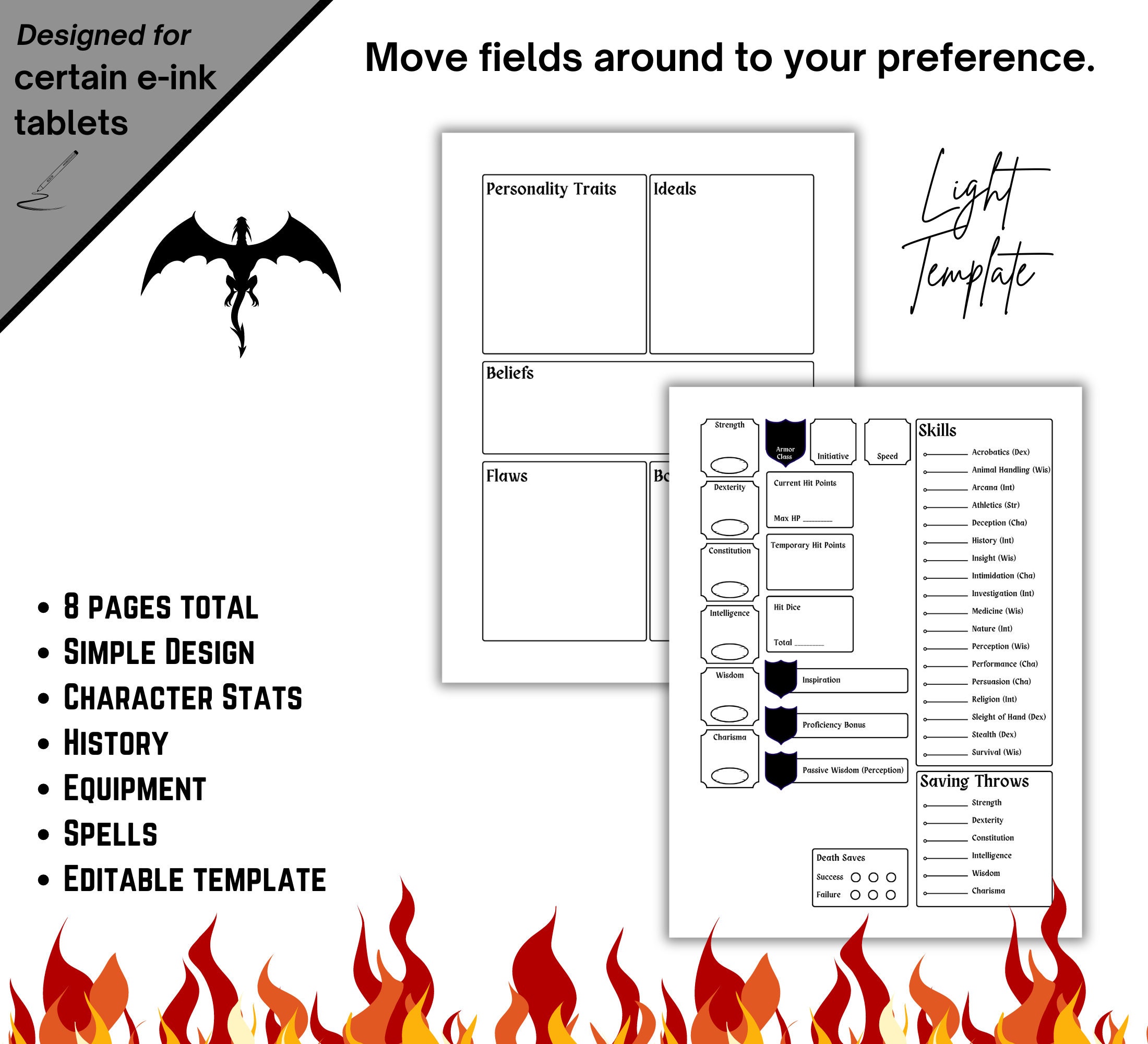 5e Character Sheet Editable Template, RPG Adventure Printable, Design ...