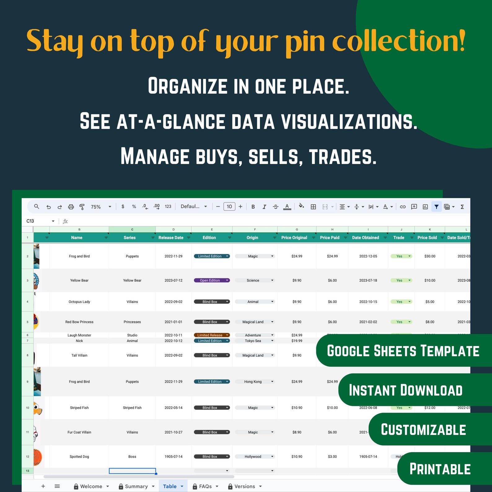 Enamel Pin Tracker Template | Customizable Collectibles Spreadsheet - Etsy