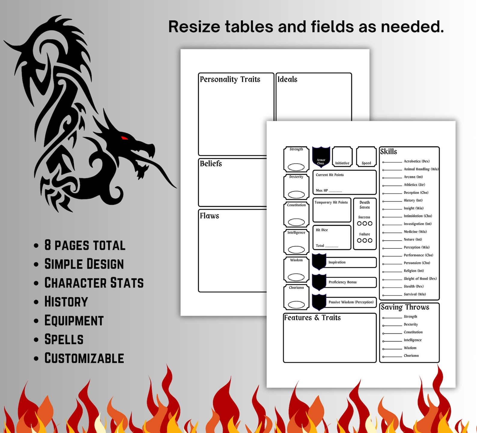 Editable 5e Character Sheet, Printable Template, A4 Size, Fifth Edition ...