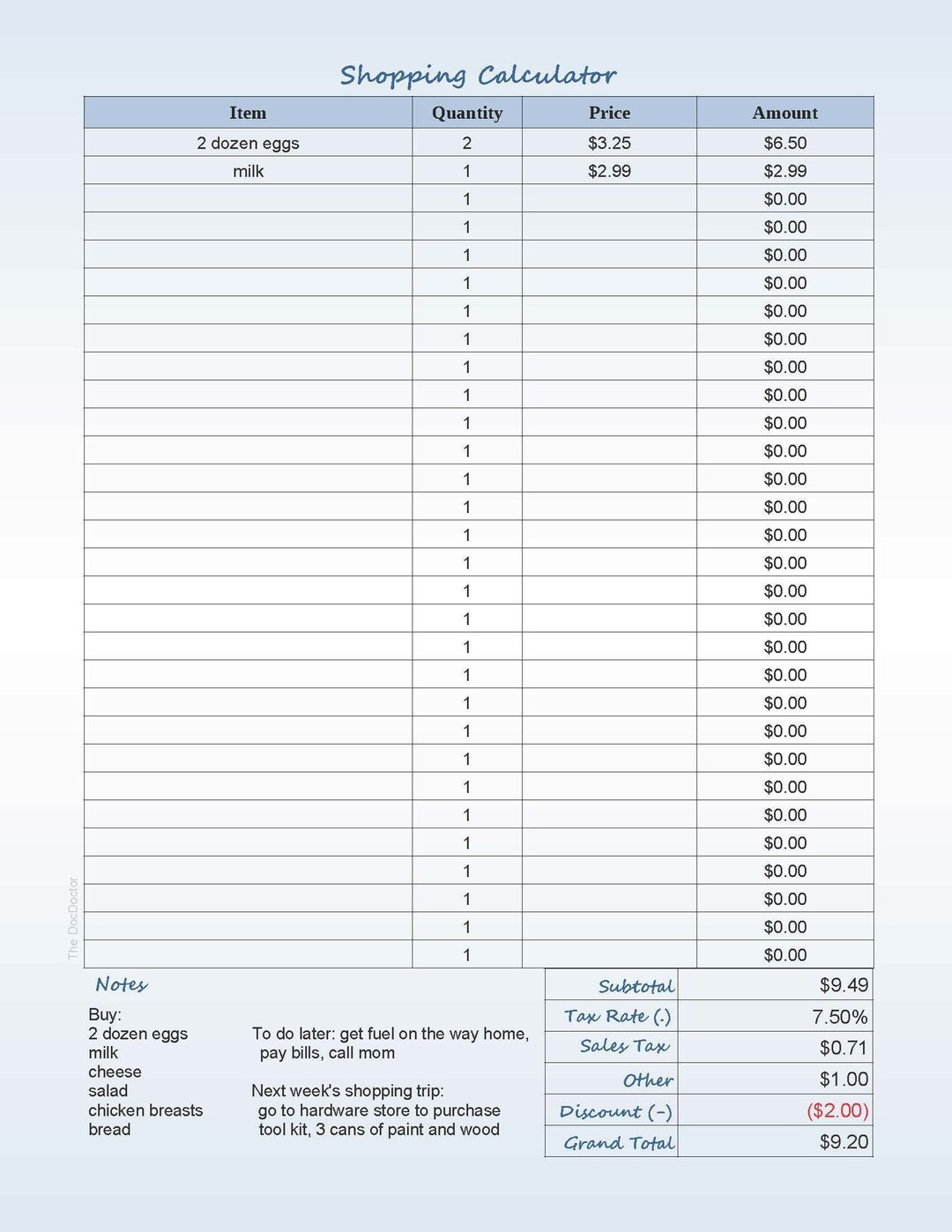Editable and Fillable Grocery Shopping Digital PDF Calculator ...