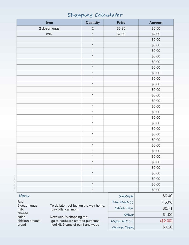 Editable and Fillable Grocery Shopping Digital PDF Calculator ...
