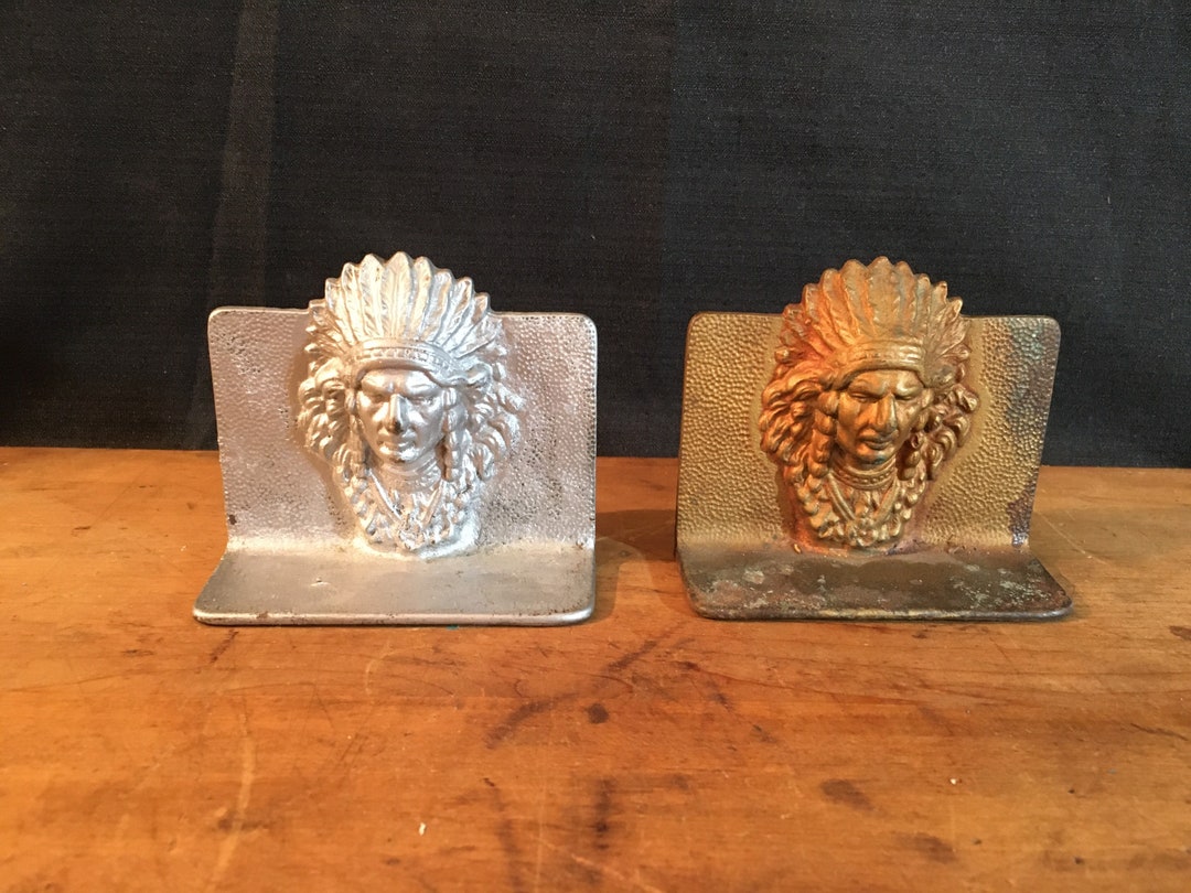 Vintage Indian Bookends, Rustic Metal Book Ends, Indian Heads, Native ...