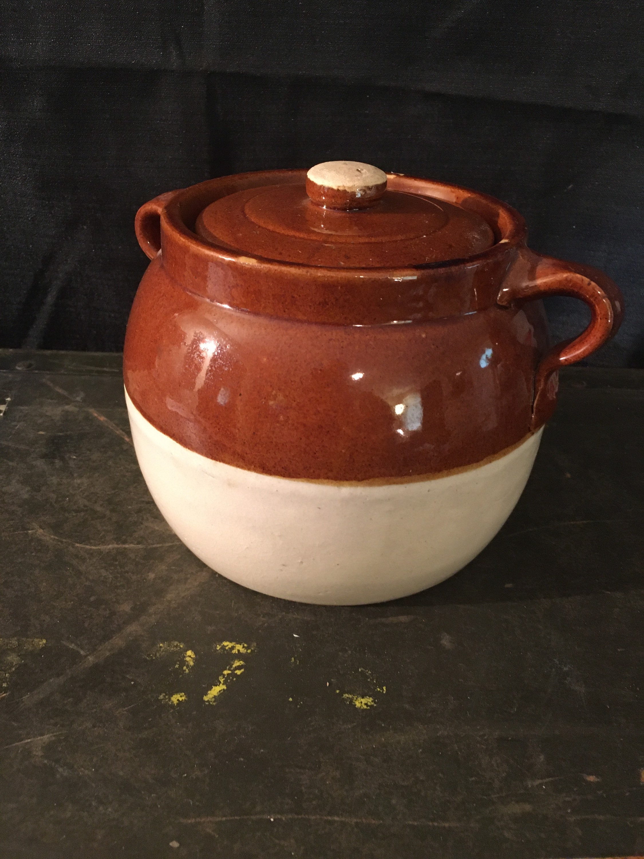 Antique Brown and Tan Stoneware Bean Pot Farmhouse Kitchen - Etsy