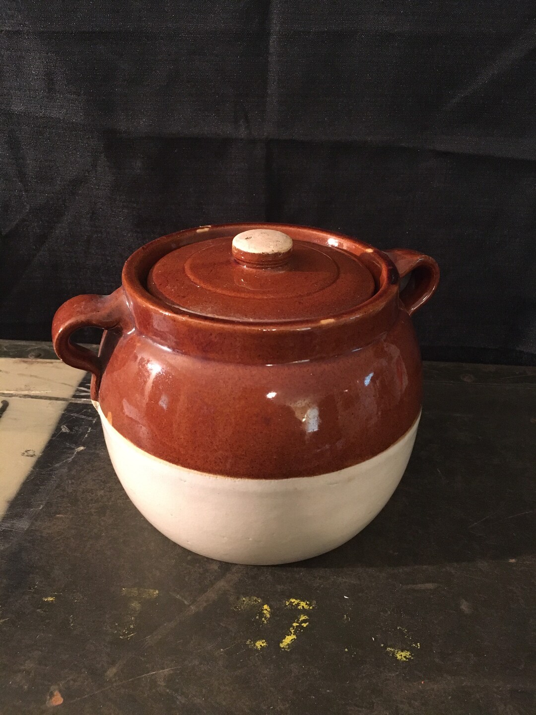 Antique Brown and Tan Stoneware Bean Pot, Farmhouse Kitchen Storage ...