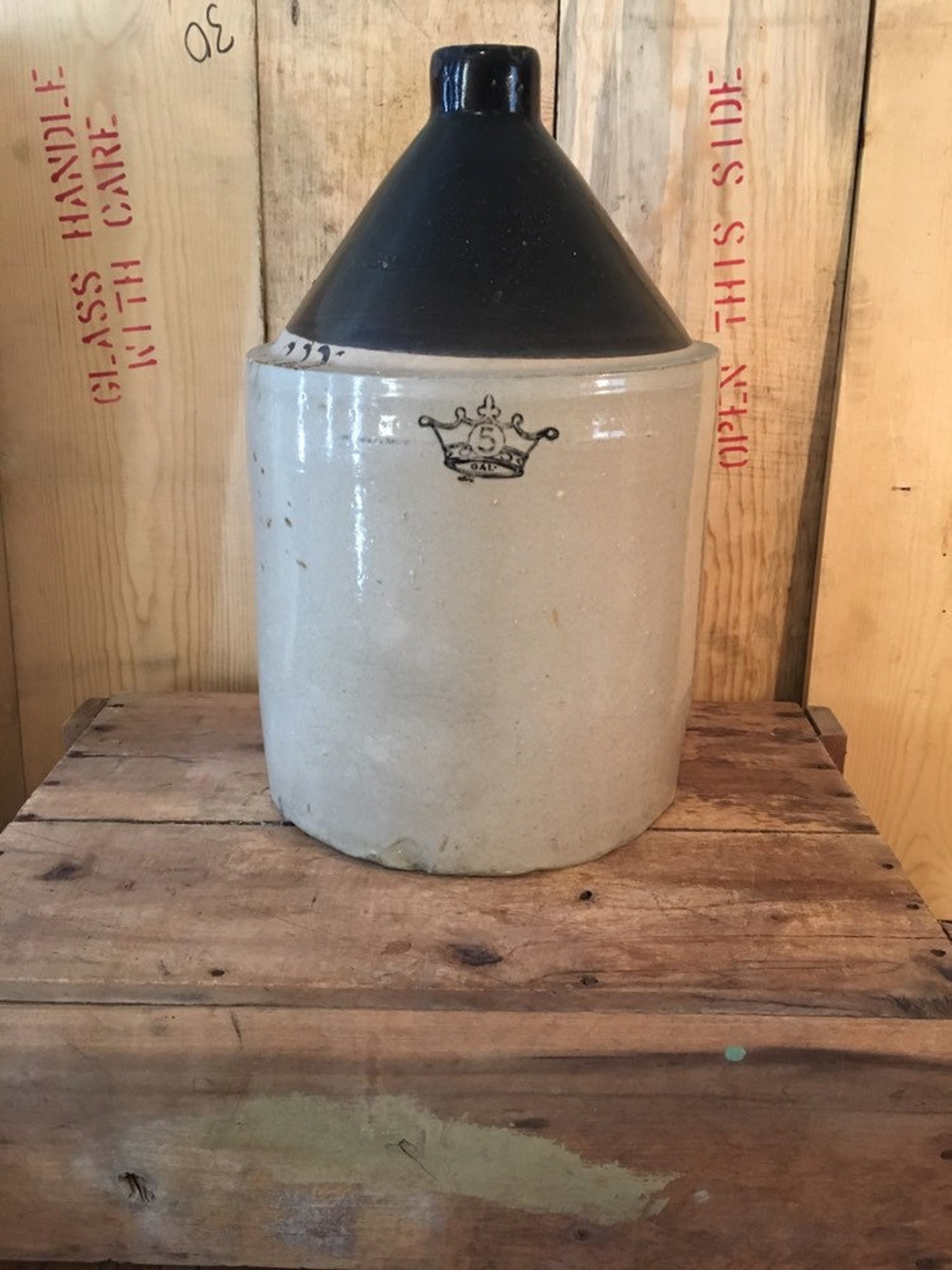 Vintage 5 Gallon Black Crown Jug, Robinson Ransbottom, Whiskey ...