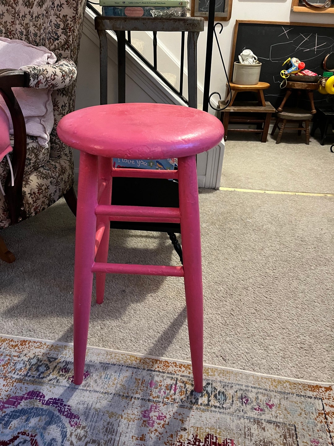 Vintage Pink Wood Stool, Primitive Stool - Etsy
