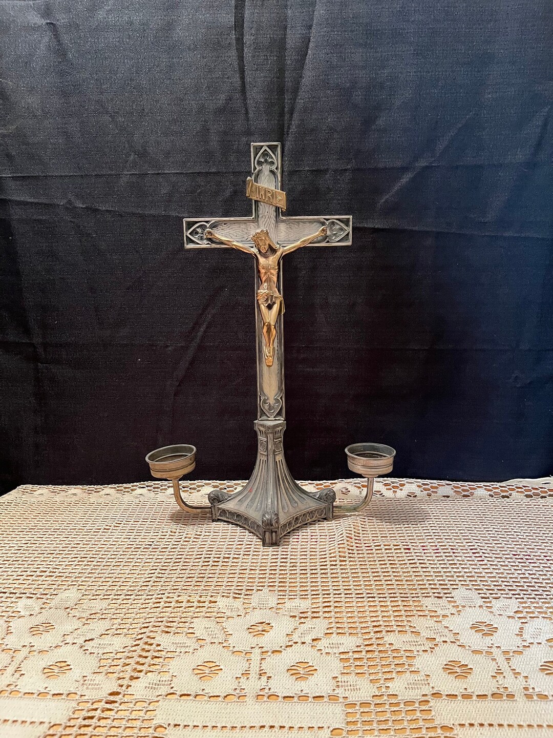 Antique Crucifix and Candlestick Holders, Standing Cross, Metal Crucifix, Large Crucifix, Jesus ...